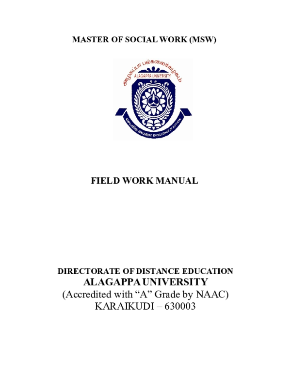 (DOC) MASTER OF SOCIAL WORK (MSW) FIELD WORK MANUAL DIRECTORATE OF DISTANCE EDUCATION