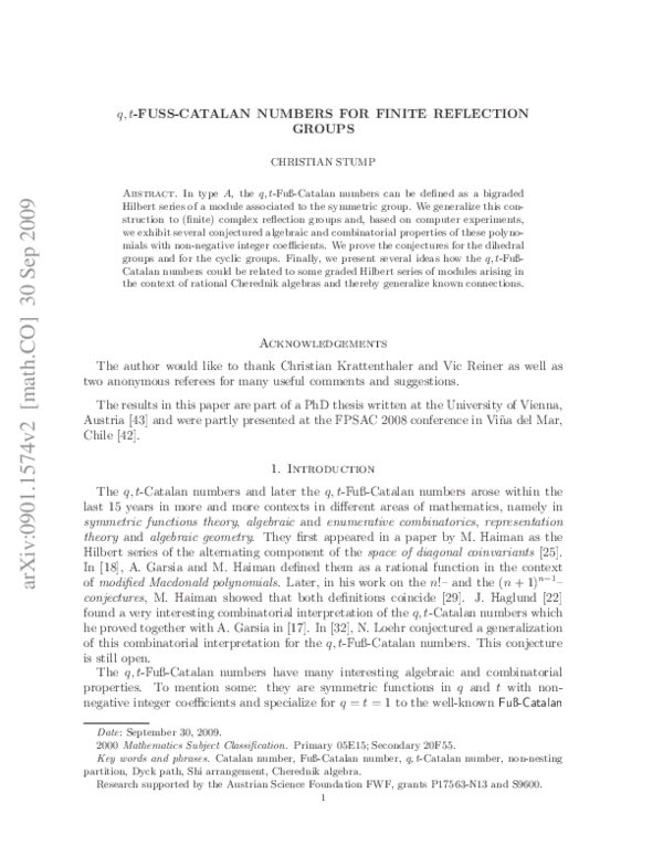 (PDF) q,t-Fuß–Catalan numbers for finite reflection groups
