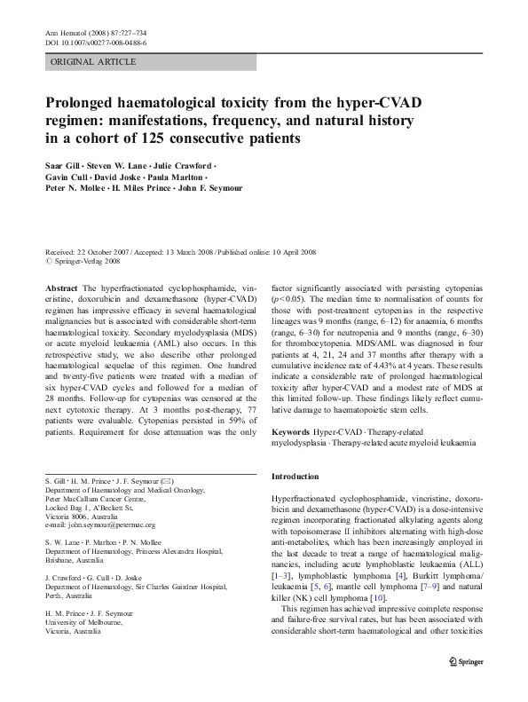 (PDF) Prolonged haematological toxicity from the hyper-CVAD regimen ...