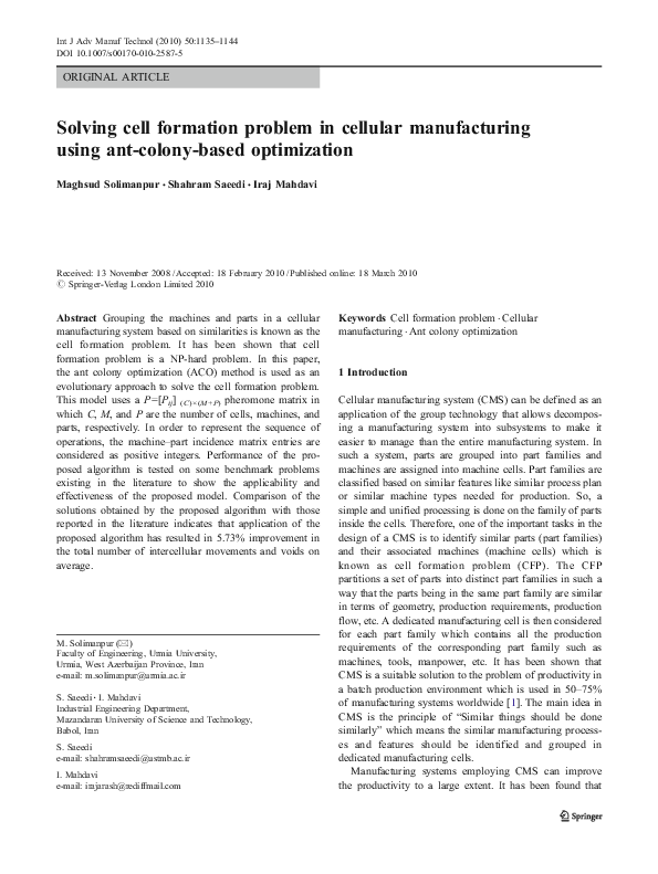 (PDF) Solving cell formation problem in cellular manufacturing using ant-colony-based optimization