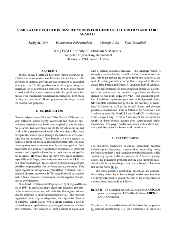 Pdf Simulated Evolution Based Hybrids For Genetic Algorithm And Tabu Search 