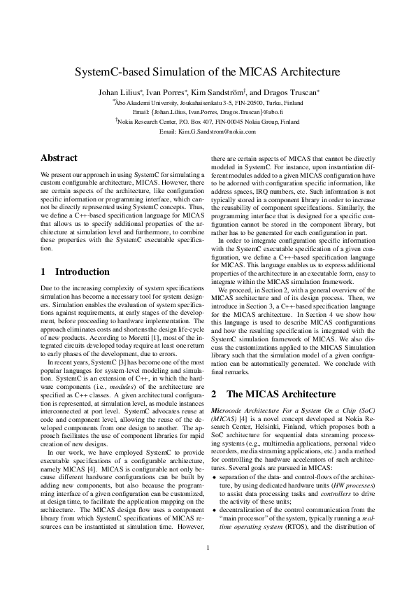(PDF) SystemC-based Simulation of the MICAS Architecture