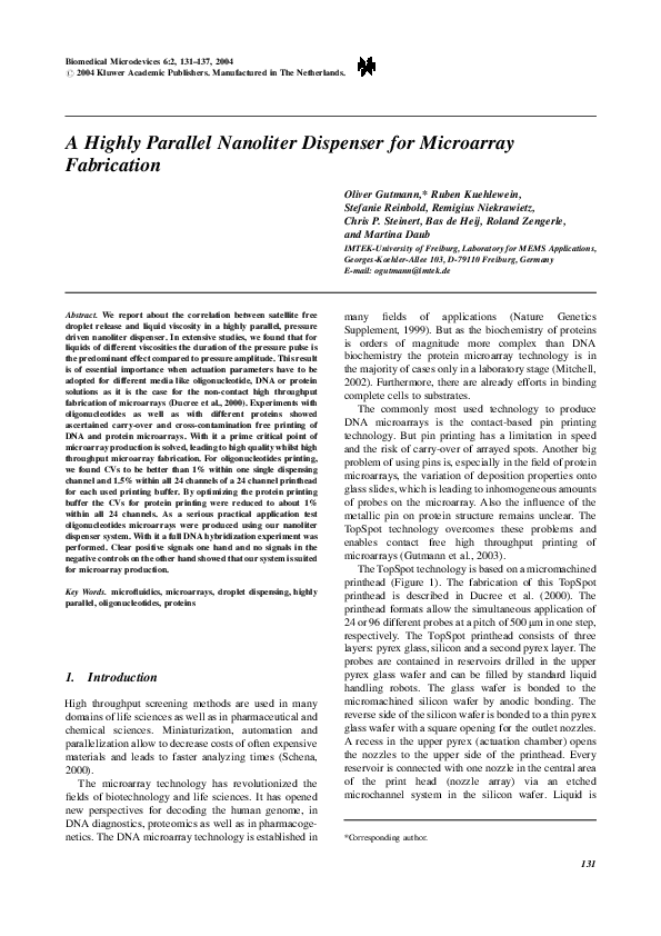 (PDF) A Highly Parallel Nanoliter Dispenser for Microarray Fabrication
