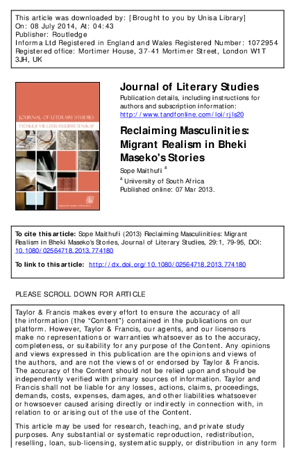 (PDF) Reclaiming Masculinities: Migrant Realism in Bheki Maseko's Stories