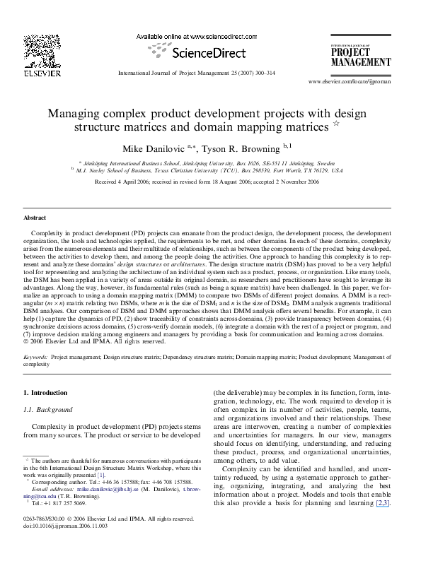 Pdf Managing Complex Product Development Projects With Design Structure Matrices And Domain