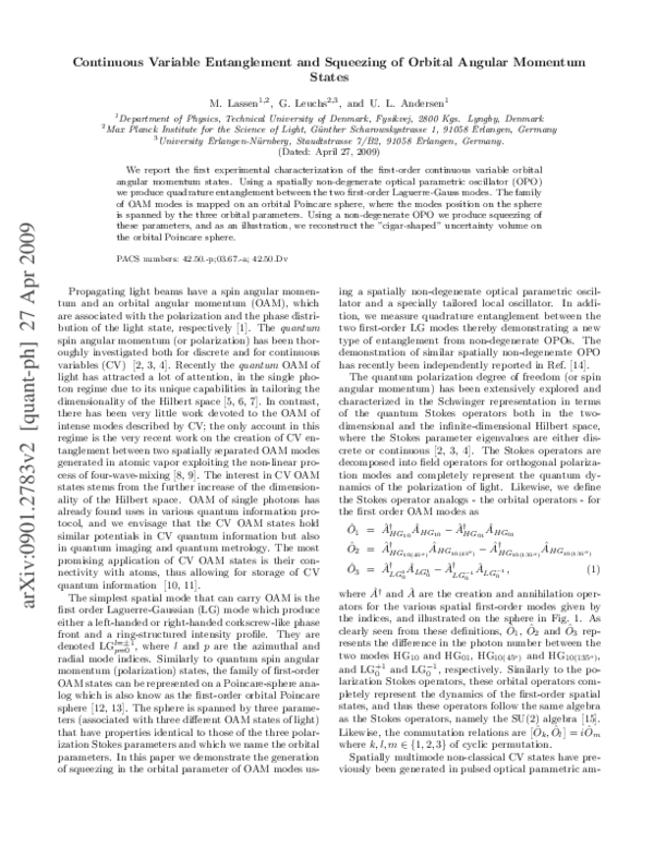 Pdf Continuous Variable Entanglement And Squeezing Of Orbital Angular
