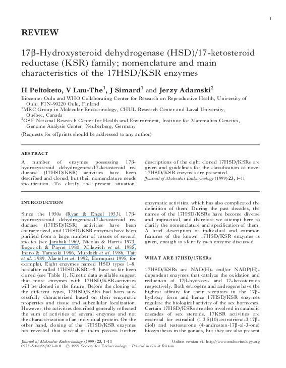 (PDF) 17beta-hydroxysteroid dehydrogenase (HSD)/17-ketosteroid ...