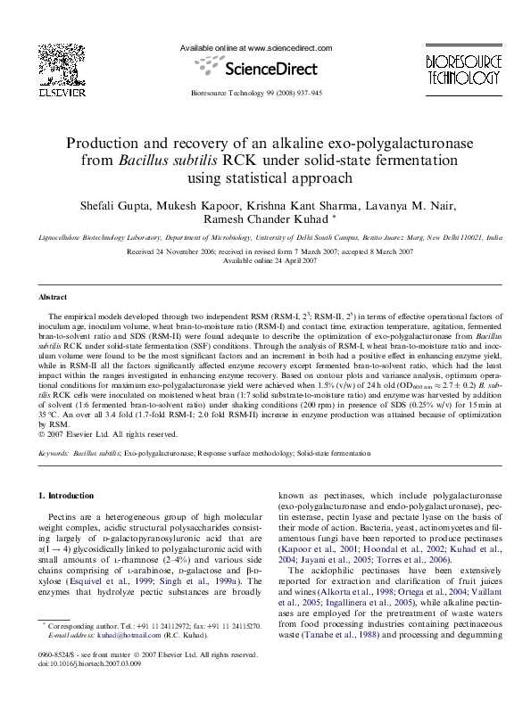 Pdf Production And Recovery Of An Alkaline Exo Polygalacturonase From Bacillus Subtilis Rck