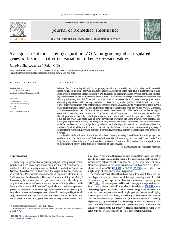 Pdf Average Correlation Clustering Algorithm Acca For Grouping Of Co Regulated Genes With
