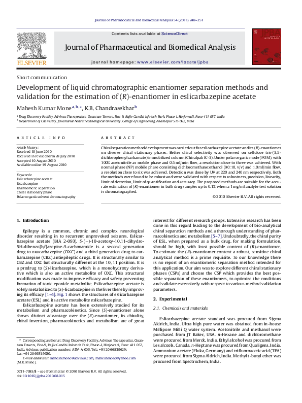 (PDF) Development of liquid chromatographic enantiomer separation methods and validation for the ...