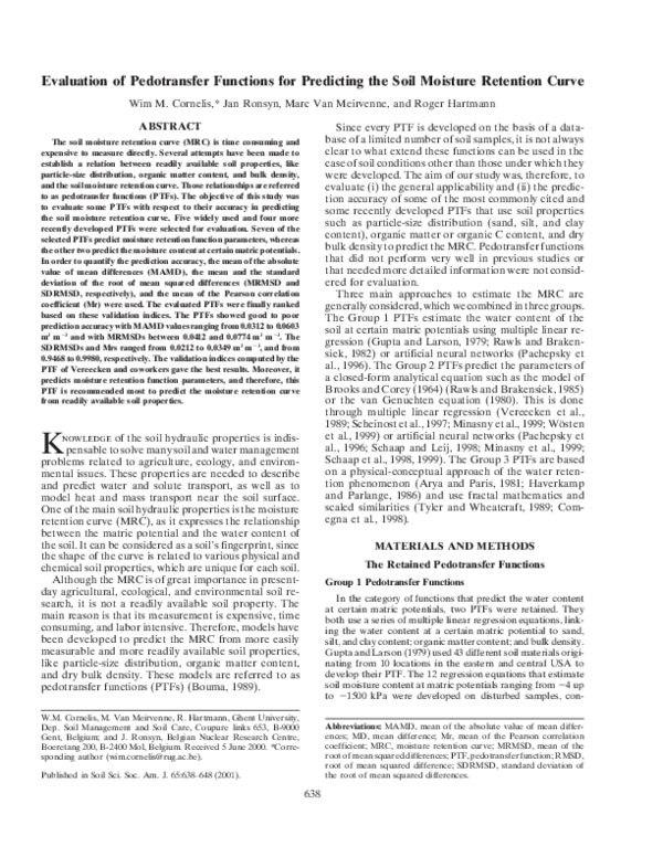 (PDF) Evaluation of Pedotransfer Functions for Predicting the Soil Moisture Retention Curve