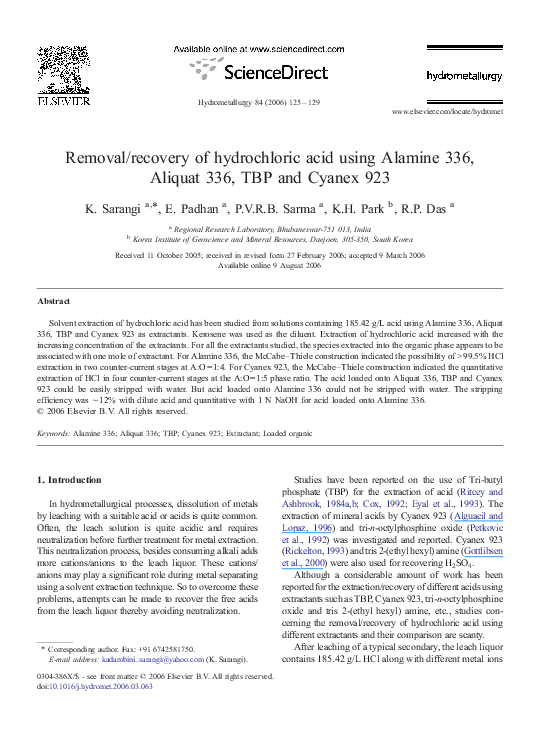 (PDF) Removal/recovery of hydrochloric acid using Alamine 336, Aliquat ...