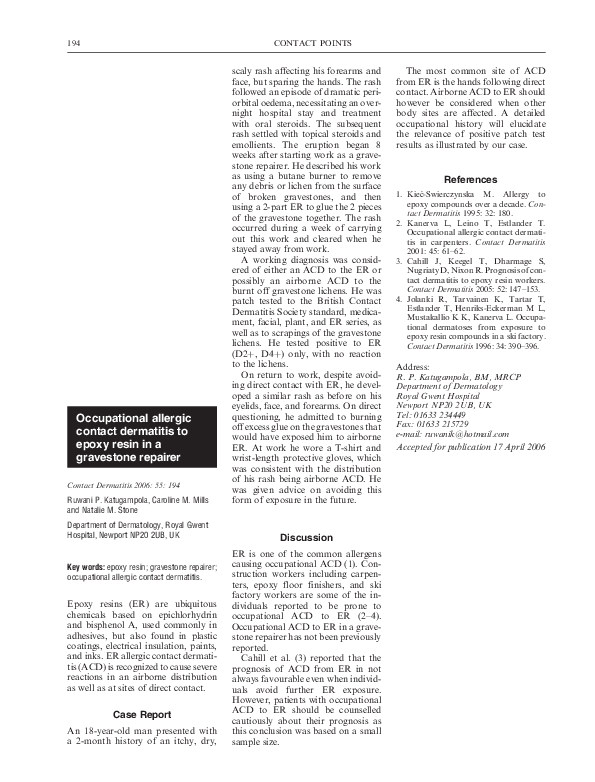 (PDF) Occupational allergic contact dermatitis to epoxy resin in a ...