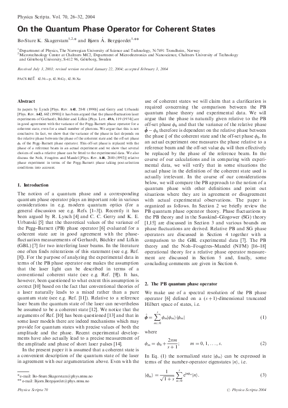 (PDF) On the Quantum Phase Operator for Coherent States