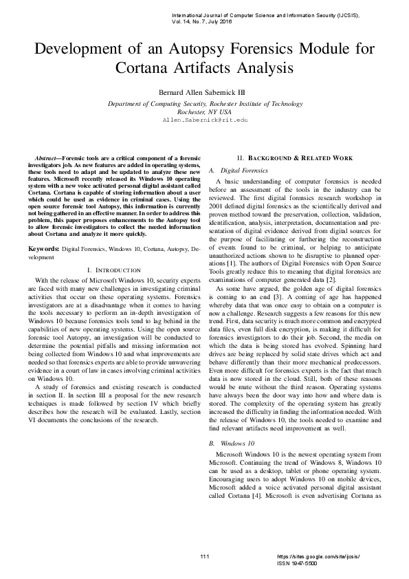 (PDF) Development of an Autopsy Forensics Module for Cortana Artifacts Analysis