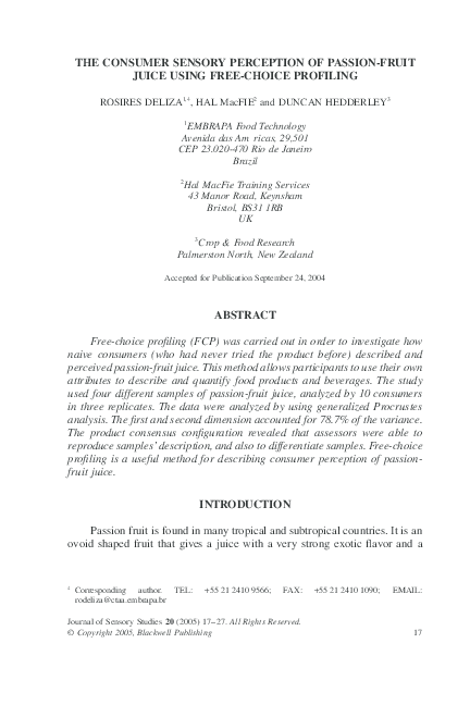 (PDF) THE CONSUMER SENSORY PERCEPTION OF PASSION-FRUIT JUICE USING FREE ...