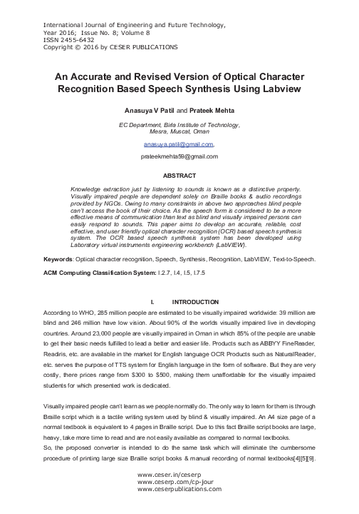 (PDF) An accurate and revised version of Optical character recognition based speech synthesis ...