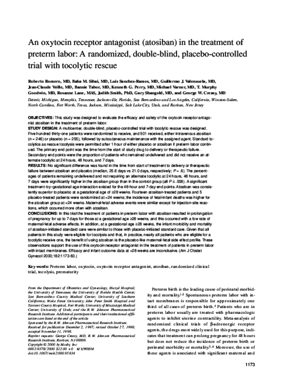 (PDF) An oxytocin receptor antagonist (atosiban) in the treatment of ... (PDF) An oxytocin receptor antagonist (atosiban) in the treatment of ...