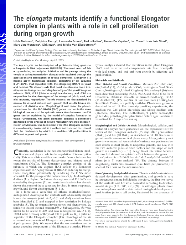 (PDF) The elongata mutants identify a functional Elongator complex in ...