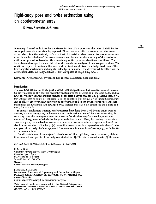 Pdf Rigid Body Pose And Twist Estimation Using An Accelerometer Array