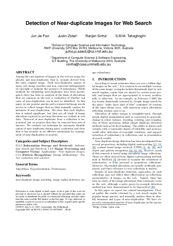 (PDF) Detection of near-duplicate images for web search
