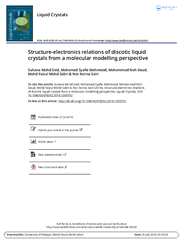 (PDF) Liquid Crystals Structure-electronics relations of discotic liquid crystals from a ...