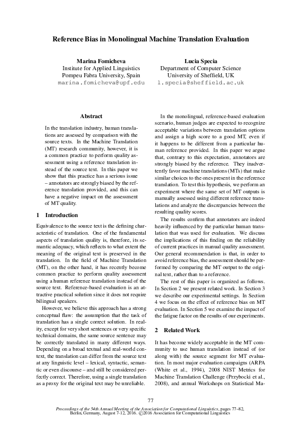 (PDF) Reference Bias in Monolingual Machine Translation Evaluation