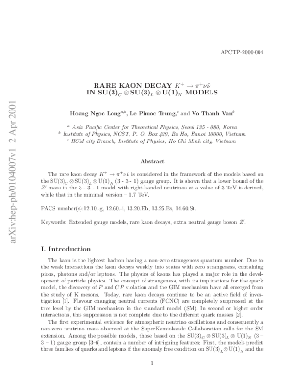 (PDF) Rare Kaon Decay K^+ --> pi^+ nu bar{ nu} in SU(3)_C X SU(3)_L X U ...