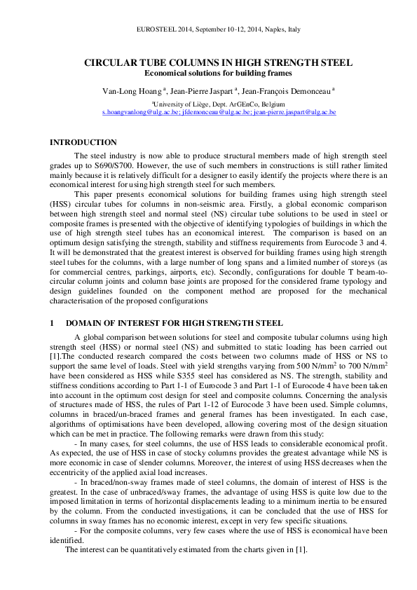 (PDF) CIRCULAR TUBE COLUMNS IN HIGH STRENGTH STEEL: Economical ...