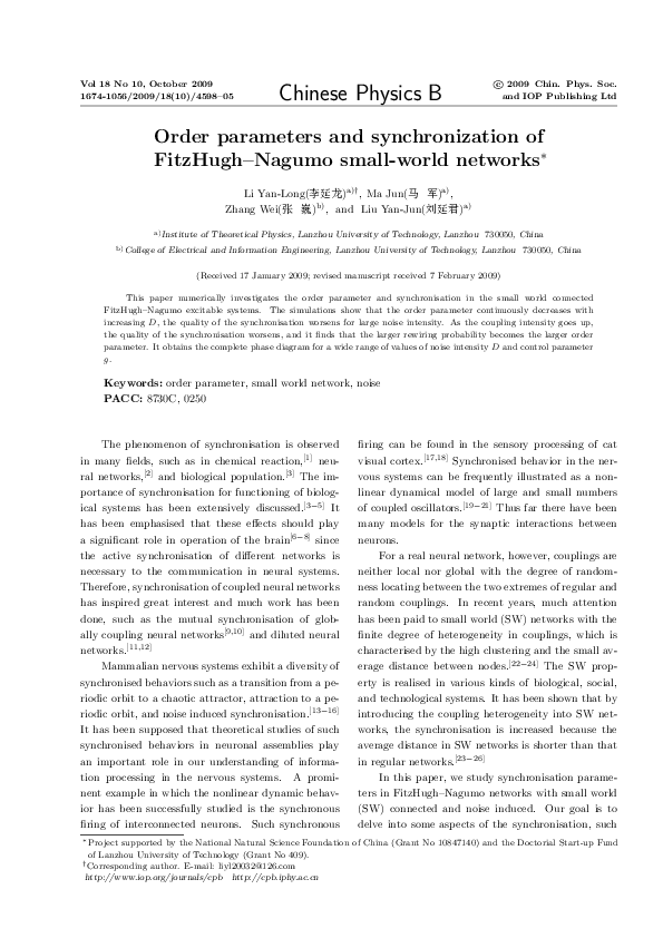 (PDF) Order parameters and synchronization of FitzHugh–Nagumo small-world networks