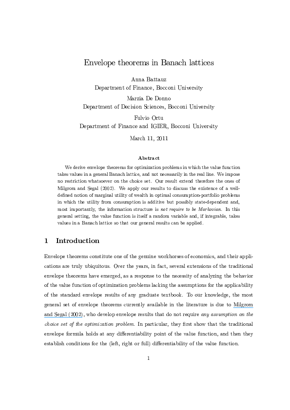 (PDF) Envelope theorems in Banach lattices | Marzia De Donno and Fulvio Ortu - Academia.edu