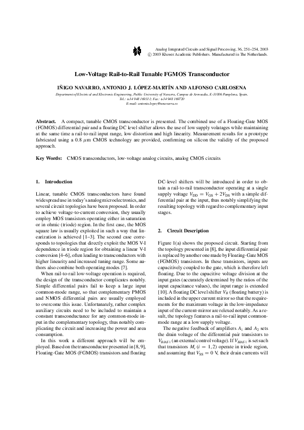 (PDF) Low-Voltage Rail-to-Rail Tunable FGMOS Transconductor