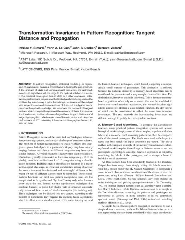 (PDF) Transformation invariance in pattern recognition: Tangent distance and propagation