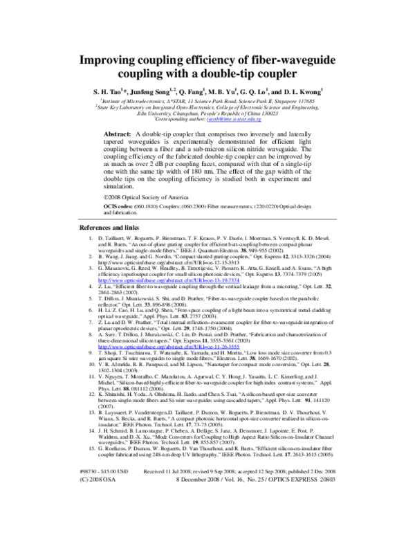 Pdf Improving Coupling Efficiency Of Fiber Waveguide Coupling With A Double Tip Coupler