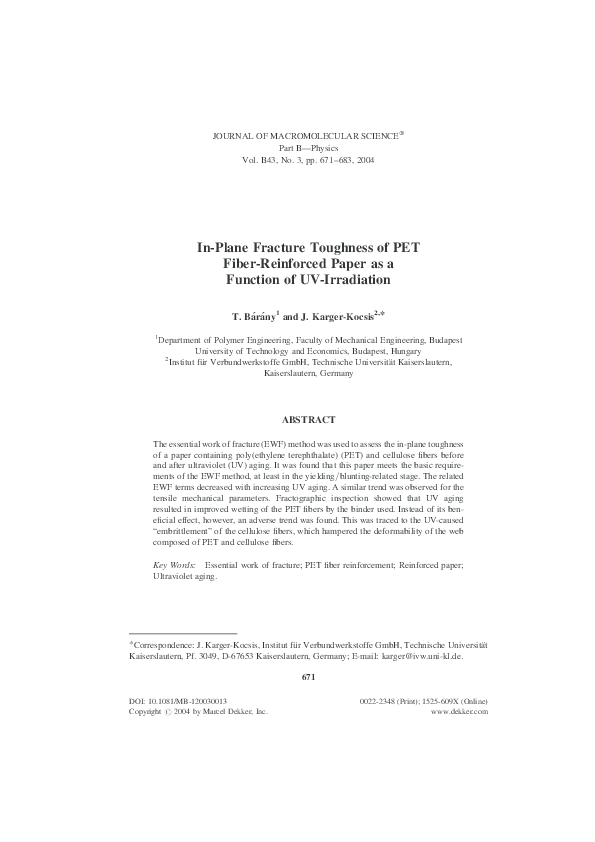 (PDF) In‐Plane Fracture Toughness of PET Fiber‐Reinforced Paper as a ...