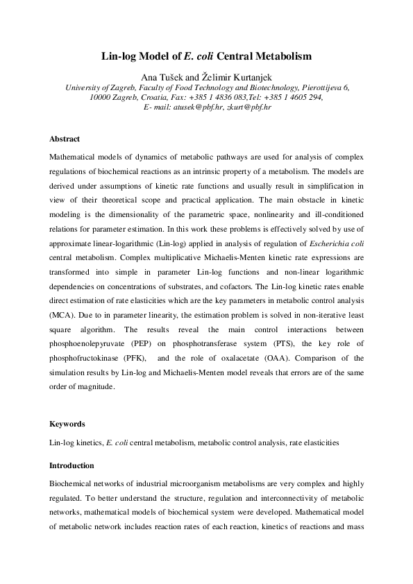 (PDF) Lin-log Model of E. coli Central Metabolism