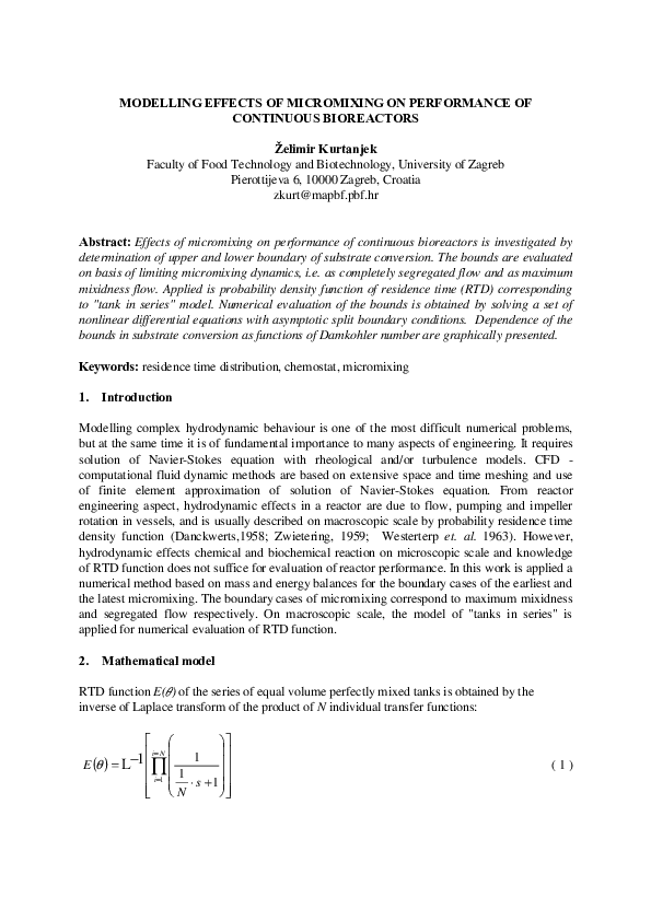 (PDF) Modelling effects of micromixing on performance of continuous bioreactors