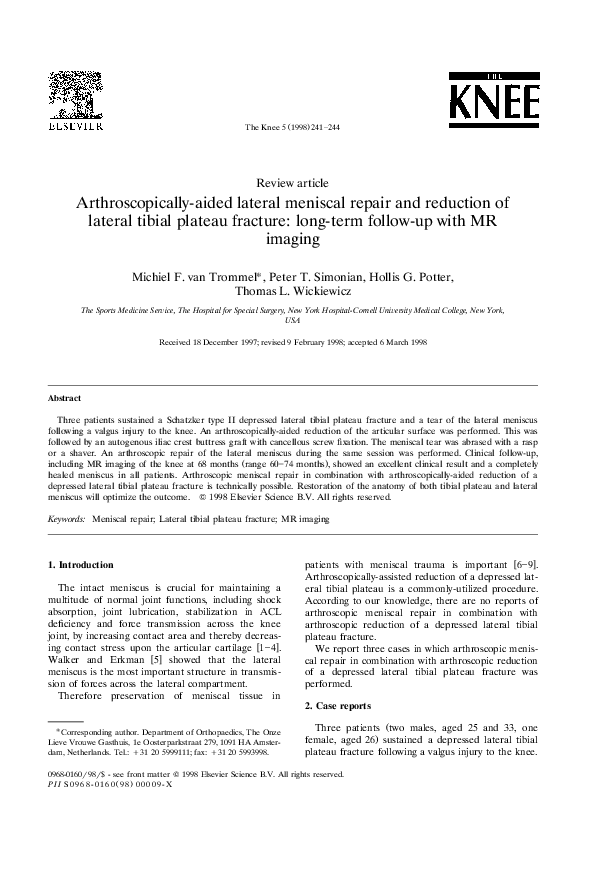 (PDF) Arthroscopically-aided lateral meniscal repair and reduction of lateral tibial plateau ...