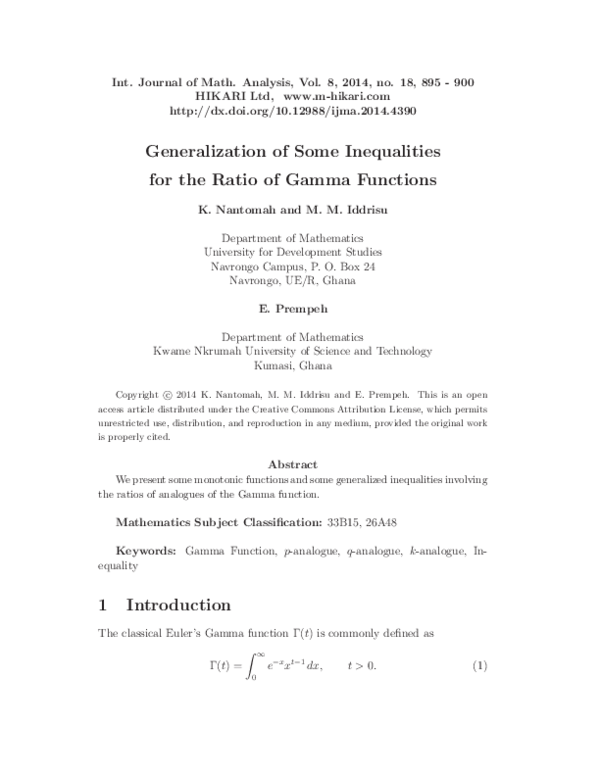 (PDF) Generalization of some inequalities for the ratio of gamma functions