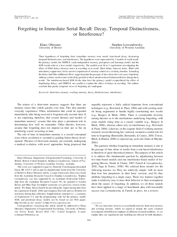 (PDF) Forgetting in immediate serial recall: Decay, temporal distinctiveness, or interference?
