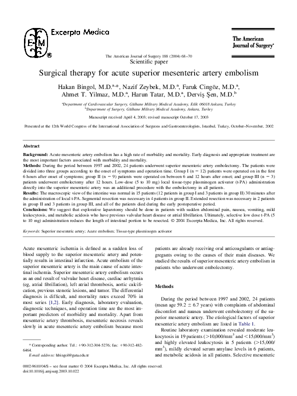 (PDF) Surgical therapy for acute superior mesenteric artery embolism