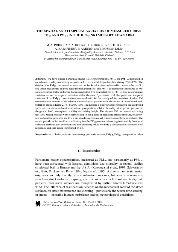 Pdf The Spatial And Temporal Variation Of Measured Urban Pm 10 And Pm 2 5 In The Helsinki