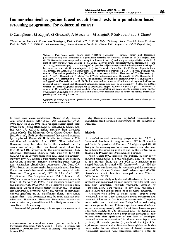 (PDF) Immunochemical vs guaiac faecal occult blood tests in a ...