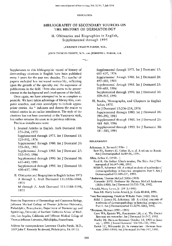 (PDF) BIBLIOGRAPHY OF SECONDARY SOURCES ON THE HISTORY OF DERMATOLOGY ...