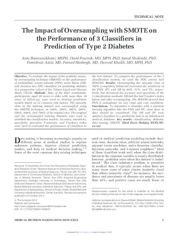 Pdf The Impact Of Oversampling With Smote On The Performance Of 3 Classifiers In Prediction Of