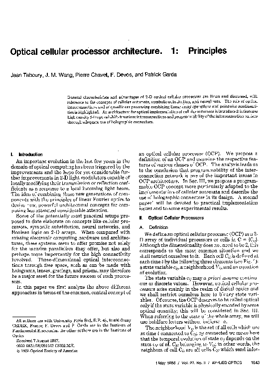 (PDF) Optical cellular processor architecture. 1: Principles