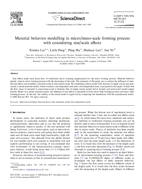 (PDF) Material behavior modelling in micro/meso-scale forming process ...