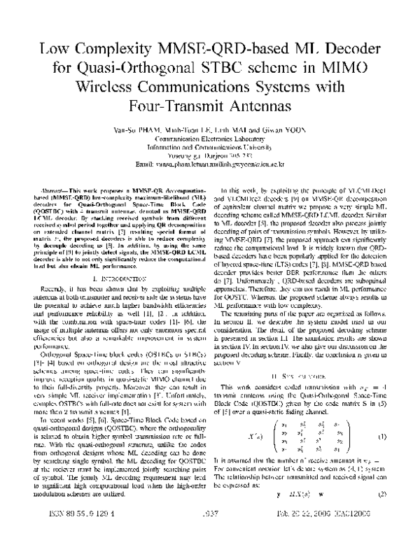 Pdf Low Complexity Mmse Qrd Based Ml Decoder For Quasi Orthogonal Stbc Scheme In Mimo Wireless