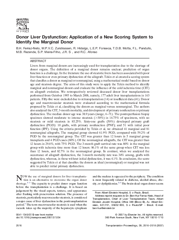 (PDF) Donor Liver Dysfunction: Application of a New Scoring System to ...