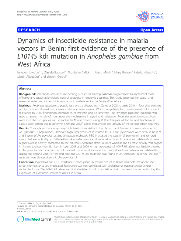 (PDF) Dynamics of insecticide resistance in malaria vectors in Benin: first evidence of the ...